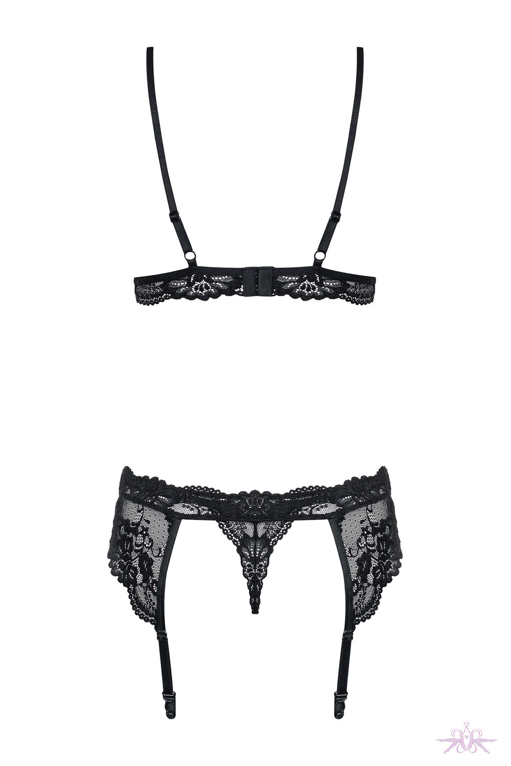 Obsessive Black Lace Lingerie Set Bra And Supender Belt At The Hosiery Box